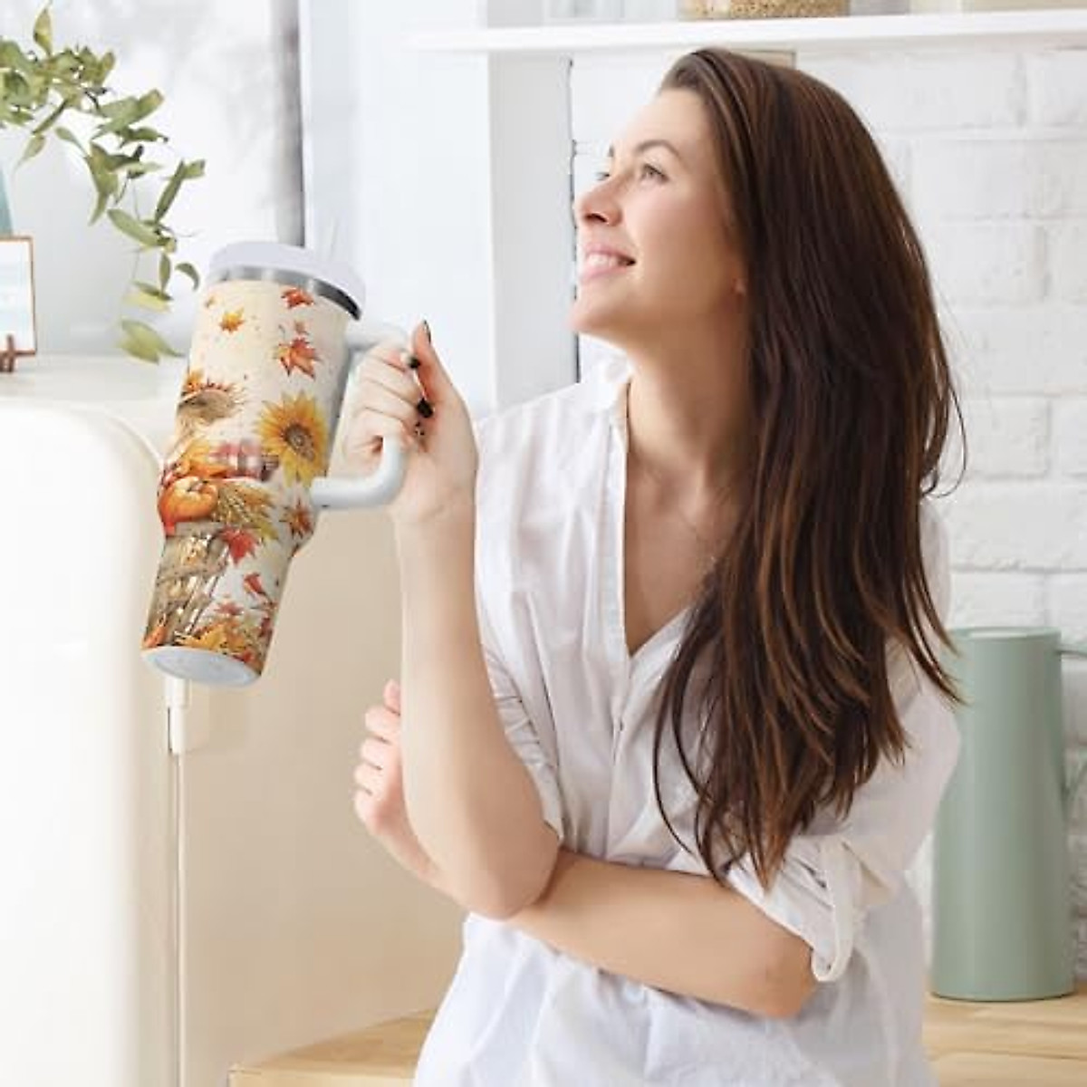 ODAWA Cute Scarecrow Autumn Maple Leaves Iced Coffee Tumbler Reusable Insulated Cup with Straw Water Cup