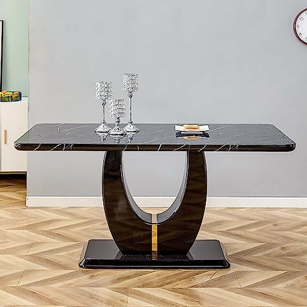 Black Marble Dining Table for 4-6 People, 64inch Modern Kitchen Table with Faux Marble Tabletop and Hevy-Duty U-Shape Base, Large Long Dining Room Pedestal Table for Dining Room