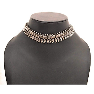 athizay Necklace oxidised silver choker for women fashion traditional Indian jewelry tribal inspired antique silver Choker Metal jewellery (Tooth Bead with Drawstring)