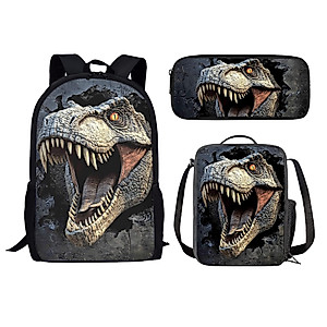 Showudesigns Cool Dinosaur Children Backpack Set with Schoolbag Lunch Bag Pencil Case Trex Backpack