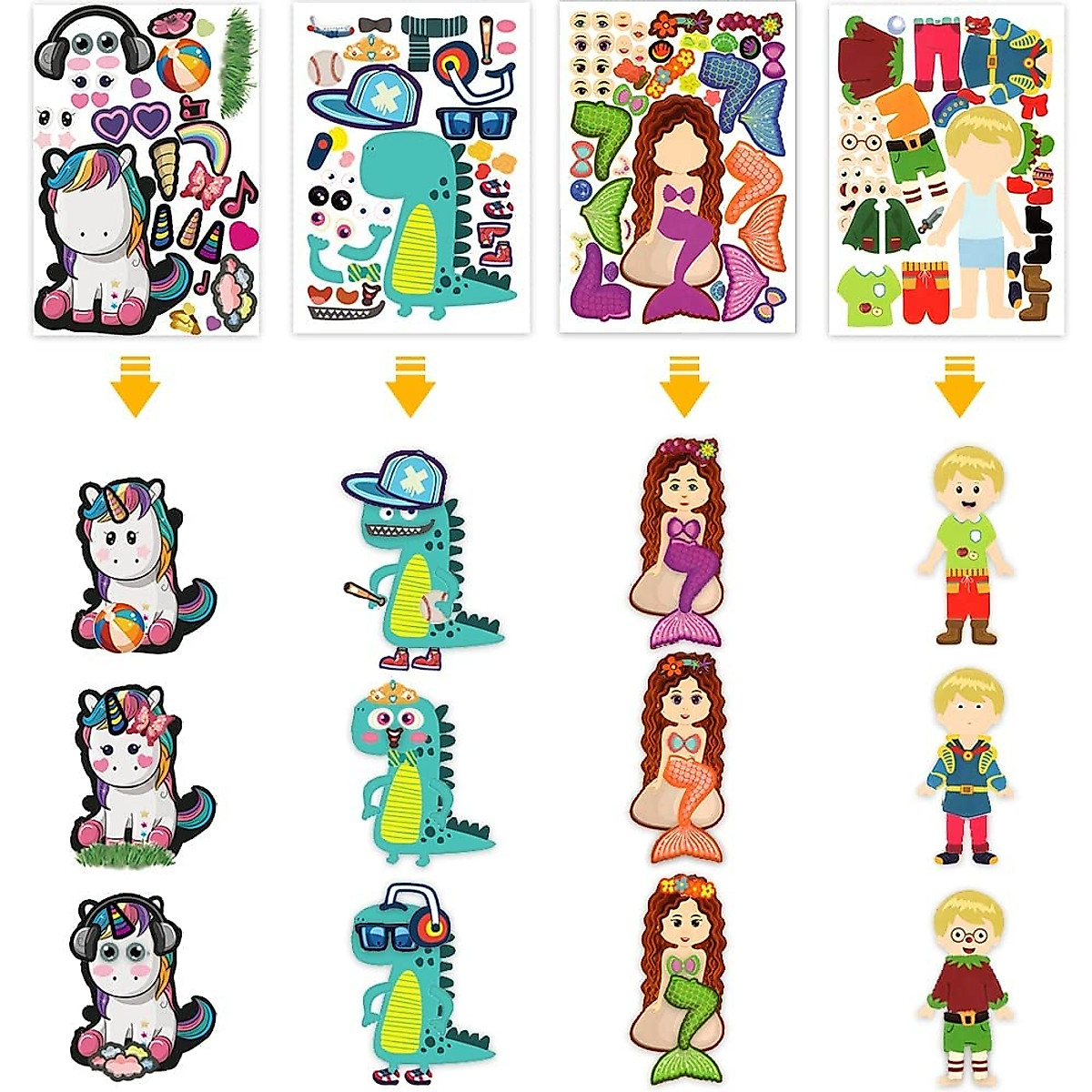 100 Pcs Funny Make Face Stickers Sheet with 25 Designs,Animals Unicorns Mermaids Figures Make Your Own Stickers for Toddlers Kids Full Body Mix and Match Craft Teacher Rewards Birthday Party Favors