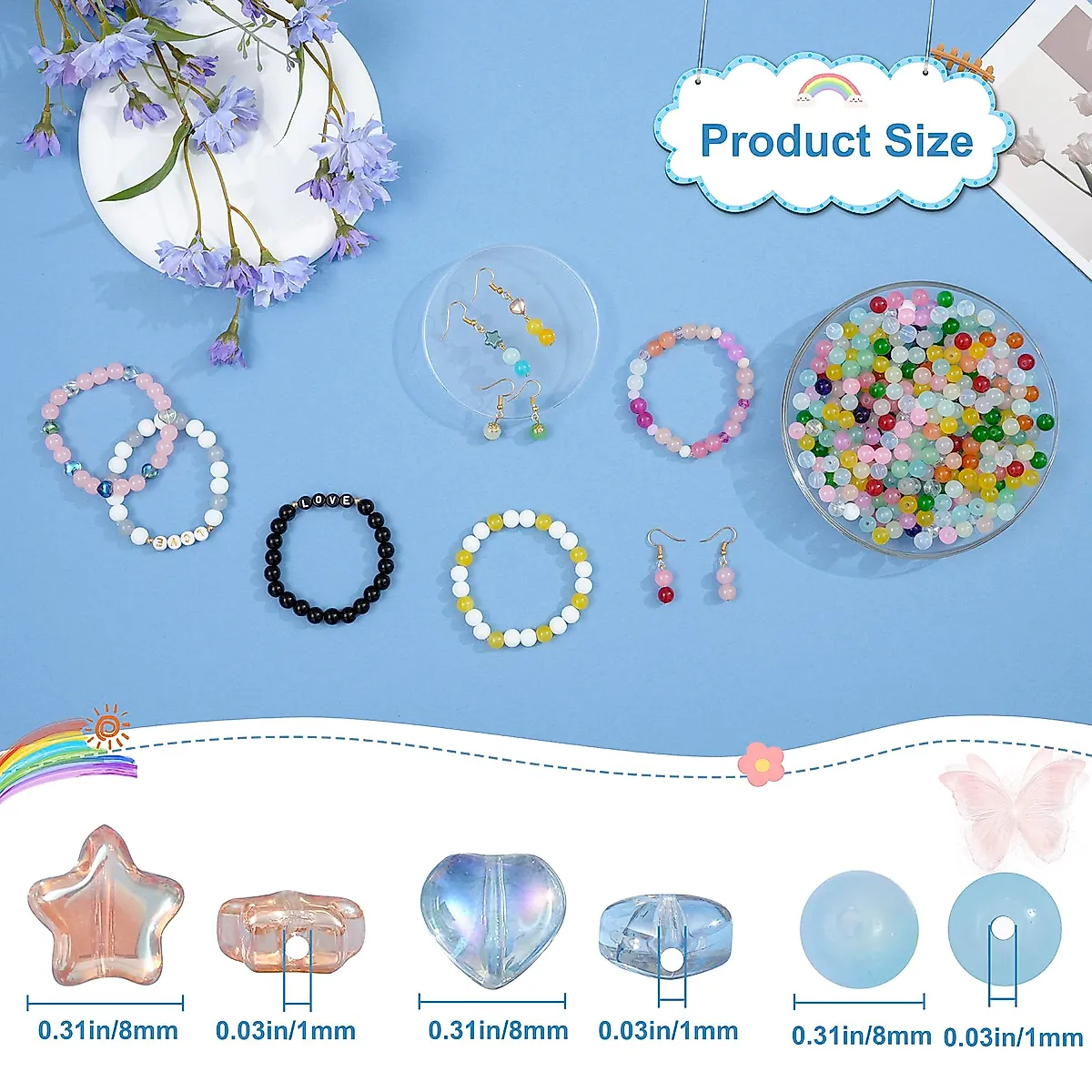 Biuthieny 800 pcs Glass Beads for Jewelry Making,28 Color 8mm Glass Crystal Beads with Glass Star Heart Spacer Beads for Crafts DIY Bracelet Earrings Necklace Making