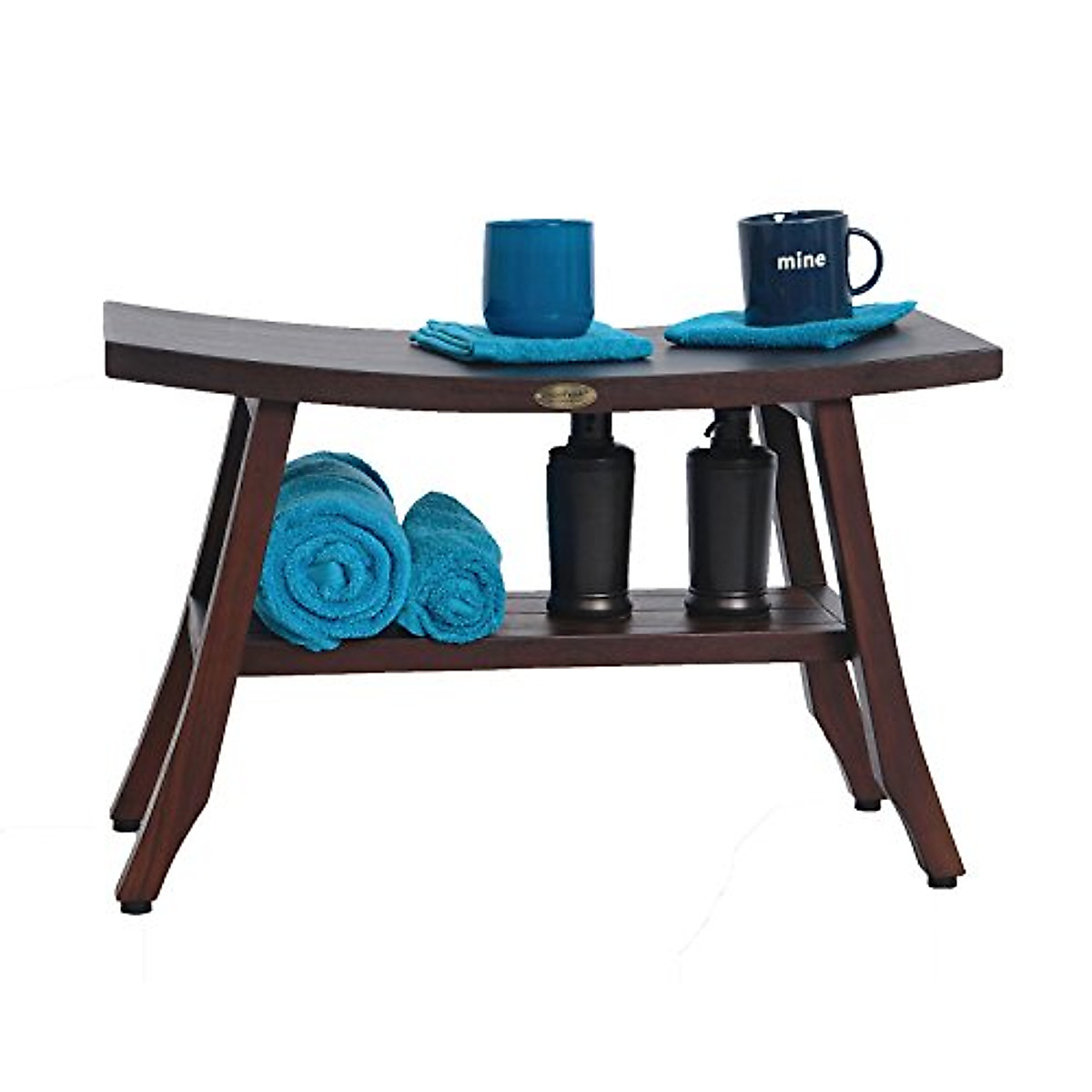 DecoTeak Satori Shower Bench Teak Wood Shower Stool with Curved Seat and Shelf 28″ Wide Wooden Seat Shower Stool in Woodland Brown Finish