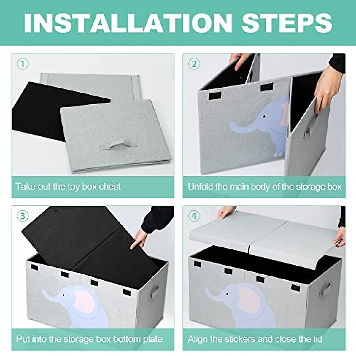 DECOSIS Collapsible Toy Storage Box with Animal Pattern, 86L Large Capacity Fabric Toy Box, Half Flap Design, Sturdy Toy Box for Girls and Boys, Playroom, Living Room, Bedroom (Elephant)