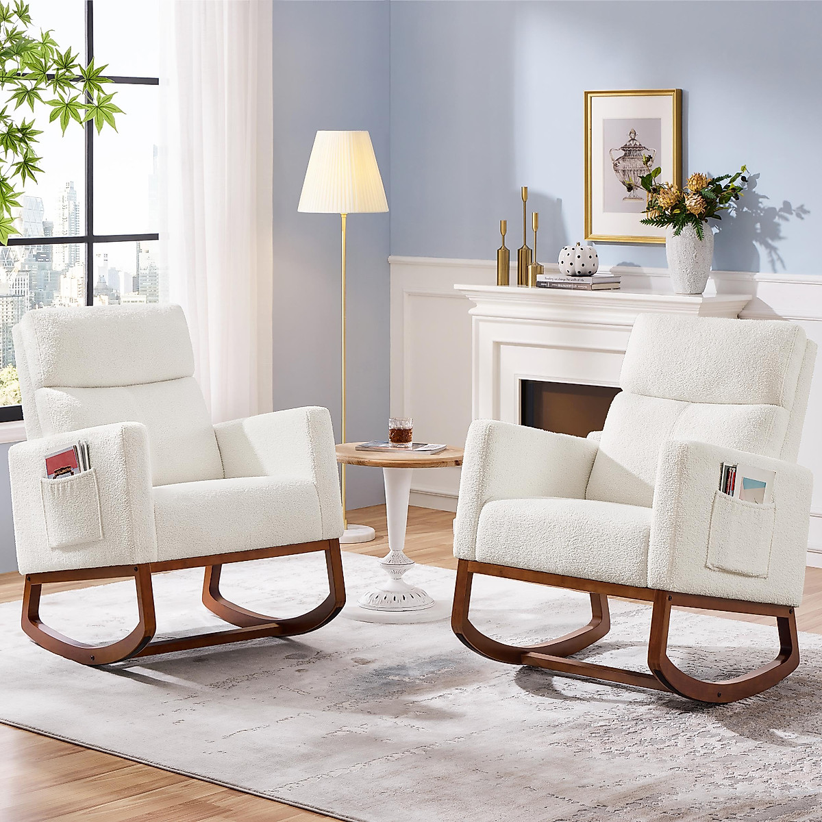 Yaheetech Boucle Living Room Chair, Modern Upholstered Rocking Accent Chair, Glider Chair Nursery Chair with Side Pocket and High Back Armchair for Living Room Bedroom Lounge, Ivory