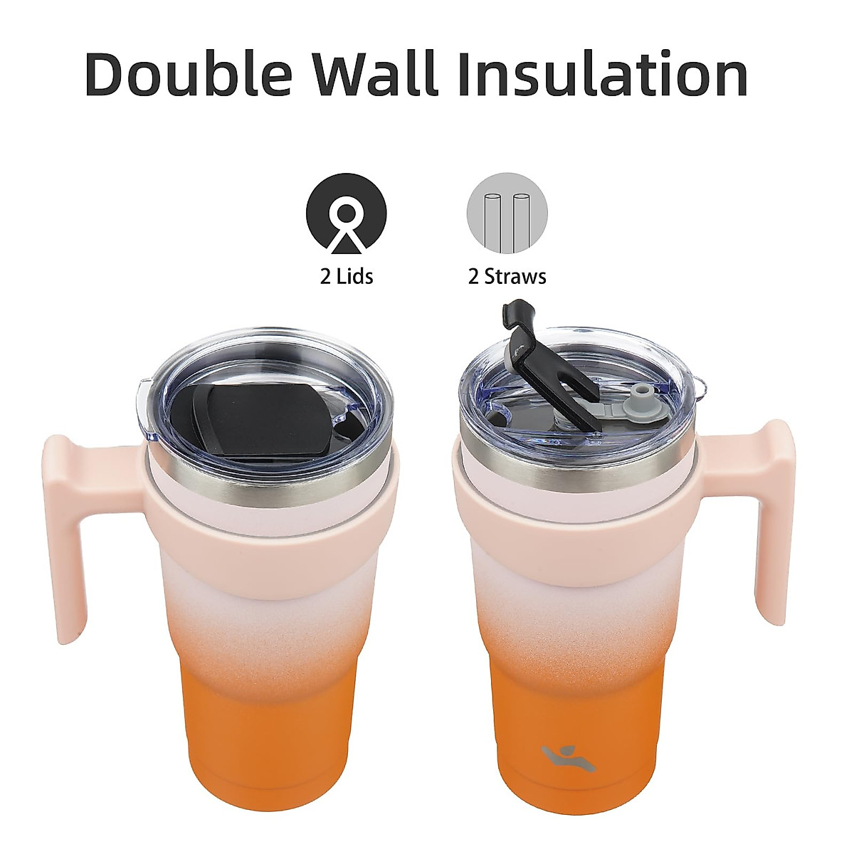 Konokyo 20 oz Tumbler with Handle and 2 Straw 2 Lid, Insulated Water Bottle Stainless Steel Vacuum Cup Reusable Travel Mug,Coral