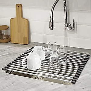 AOUAO Roll Up Dish Drying Rack,Multipurpose Stainless Steel Over The Sink Drainer Rack,Kitchen Portable Dish Rack (Square)