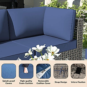 Piltwoff Patio Furniture Set,7 Piece Outdoor Sectional Sofa, Open-Weave Wicker Patio Conversation Sets with Navy Cushions & Glass Coffee Table for Balcony Porch Pool Deck,Grey Rattan