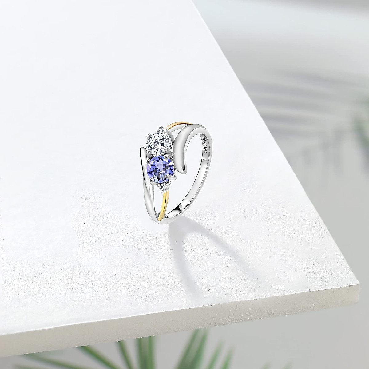 Gem Stone King 925 Silver and 10K Yellow Gold White Moissanite and Blue Tanzanite and White Moissanite 2-Stone Crossover Ring For Women (0.98 Cttw, Size 8)