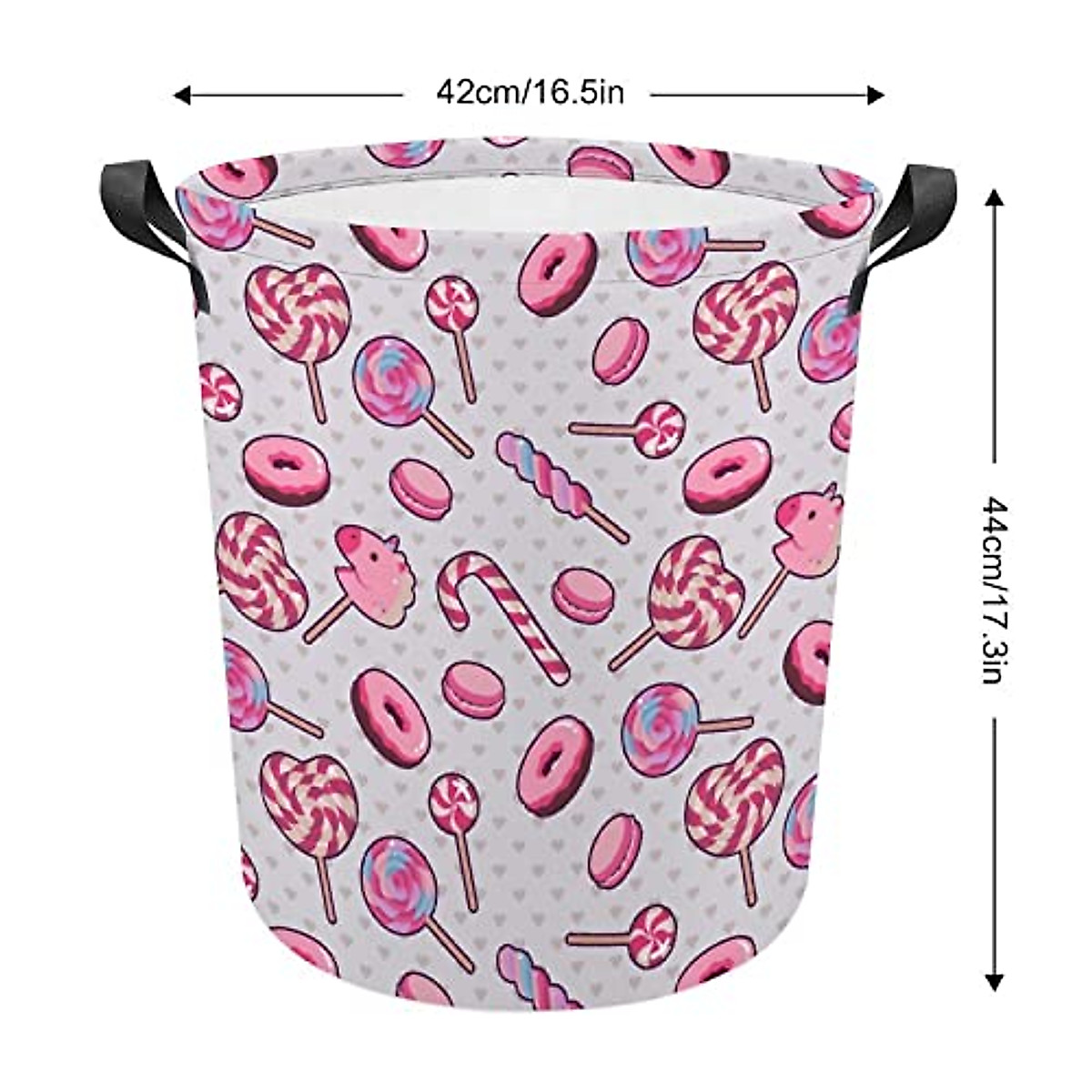 Pink Candies with Hearts Foldable Laundry Basket Waterproof Hamper Storage Bin Bag with Handle 16.5"x 16.5"x 17"