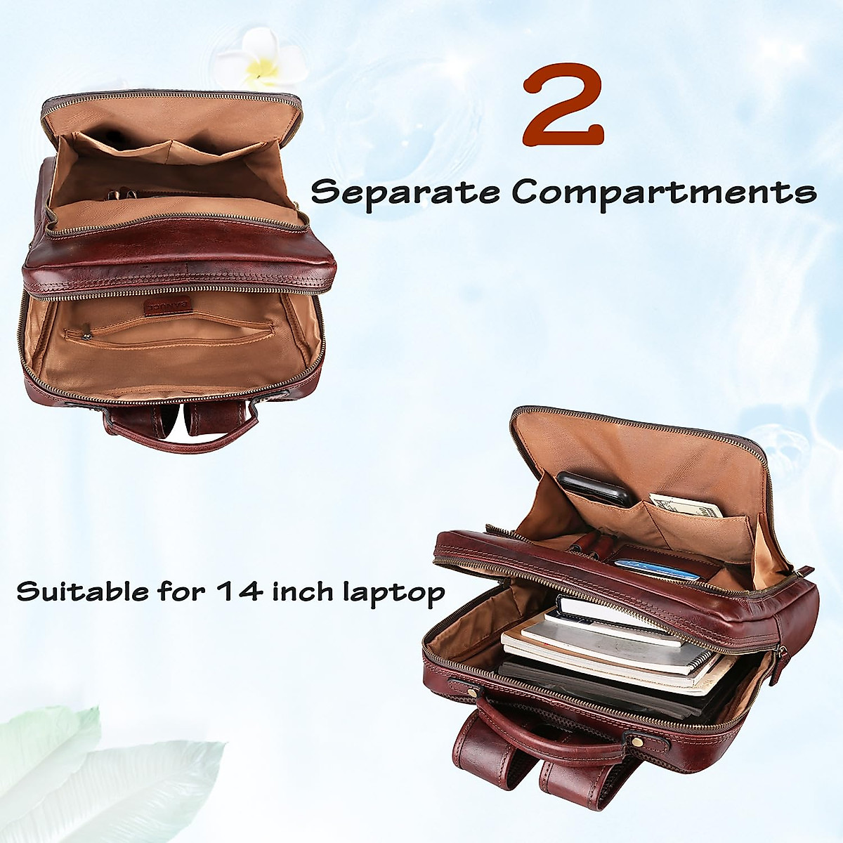 Ronts Banuce Full Grain Italian Leather Backpack for Men Business Travel 14 Inch Laptop Backpack Work Bag