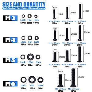 Glarks 665Pcs Alloy Steel Flat Head Machine Screws Bolts Nuts and Flat Gasket Spring Washers Assortment Set, Fully Threaded, Black Oxide Finish