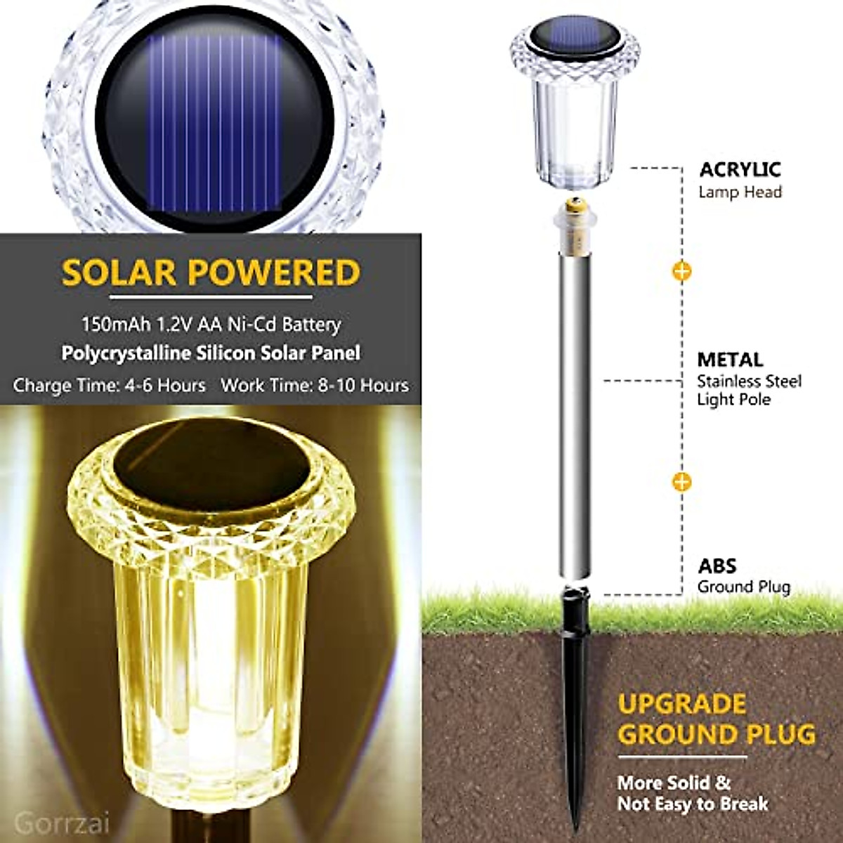 Gorrzai Solar Outdoor Lights 10 Pack Pathway Solar Lights LED Waterproof Stainless Steel Garden Stake for Pathway, Walkway, Sidewalk, Driveway, Lawn (Warm White)