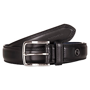 Nautica mens Logo Inlay Ornament Double Stitch Leather Belt, Black, 38 US