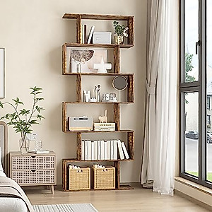 HOMEFORT Wooden Geometric Bookshelf,6-Tier S-Shaped Bookcase,6 Shelf Morden Bookshelves,Unique Freestanding Tall Book Shelf and Book Case for Bedroom and Living Room Home Office,Rustic Brown