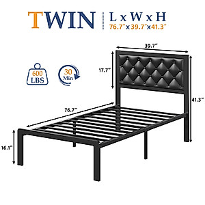 Foredawn Twin Bed Frame with Faux Leather Upholstered Headboard, Metal Support, No Box Spring Needed, Noise Free, Under Bed Storage, Easy Assembly, Black