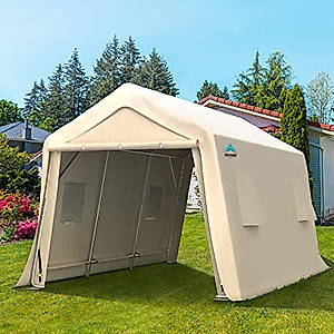 ADVANCE OUTDOOR 10X15 ft Garage Shelter Steel Metal Peak Roof Anti-Snow Portable Storage Shed Carport for Motorcycle Boat or Garden Tools with 2 Roll up Doors & Vents, Beige