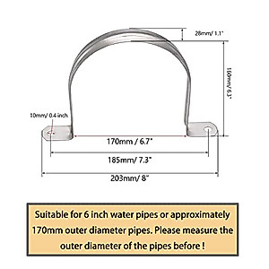 6 Inch Two Hole Strap U Bracket, Stainless Steel Tube Strap Tension Clip Assortment Kit Heavy Duty Rigid Pipe Strap Clamp For The Inner Diameter of Water Pipe is 6 Inch (185mm)