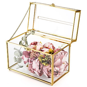 Okllen Glass Wedding Card Box with Lock and Slot, Gold Rim Envelop Box Gift Holder, Vintage Clear Card Box for Wedding Reception, Baby Shower, Birthday, Graduation (Glass Box and Lock Only)