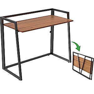 41 Inch Small Walnut & Black Folding Computer Desk, Sturdy Heavy Duty Foldable Table for Small Spaces Home Office Bedroom Outdoor Work Study Writing Collapsible Portable with Metal Legs, EPA Certified