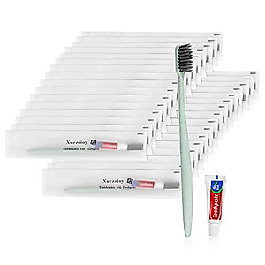Xuezoioy Disposable Toothbrushes with Toothpaste,100 Pack Green Individually Wrapped Disposable Travel Toothbrushes Kit in Bulk for Homeless,Nursing Home,Hotel,Charity