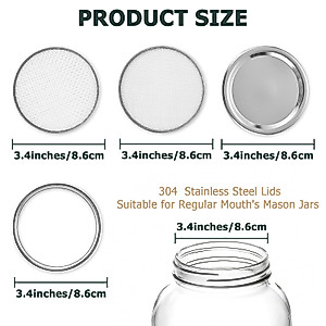 6 Pack Seed Sprouting Jar Lids: for 3.4"(86mm) Regular Mouth Mason Jars Fresh Sprouts at Home | Strainer Screen for Canning Jars | 304 Stainless Steel Lid for Growing Broccoli, Alfalfa, Beans & More