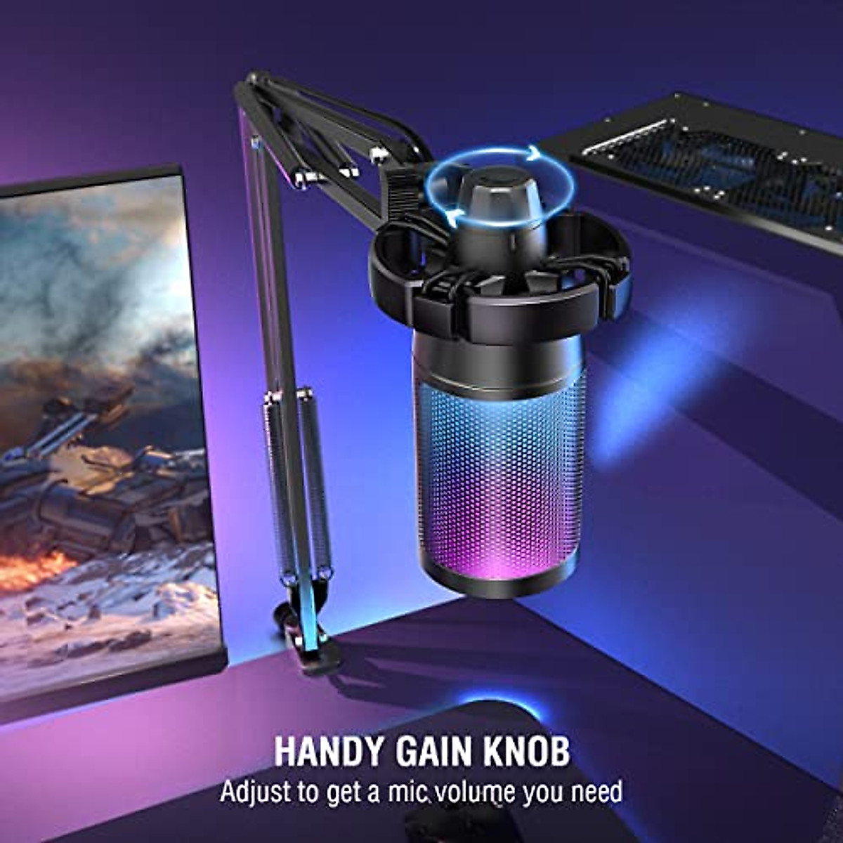 FIFINE Gaming PC USB Microphone, Podcast Condenser Mic with Boom Arm, Pop Filter, Mute Button for Streaming, Twitch, Online Chat, RGB Computer Mic for PS4/5 PC Gamer Youtuber-AmpliGame A6T