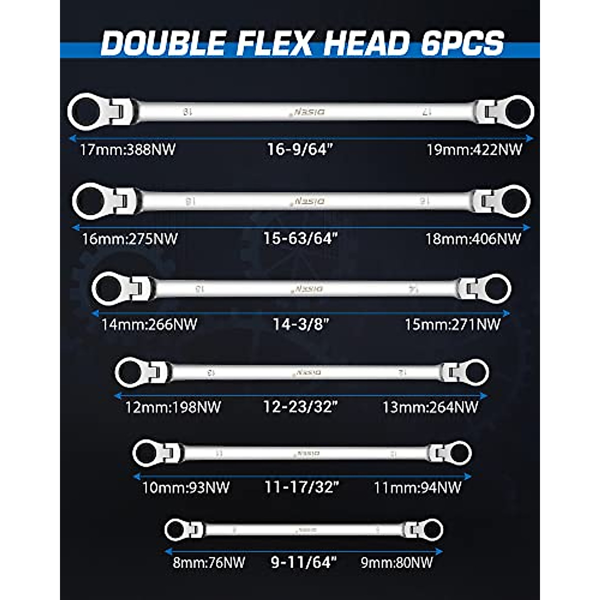 DISEN Extra Long Flex Head Ratcheting Wrench set, 6Pcs Double Box End Long Reach Ratchet Wrench Set Metric 8-19mm, CRV Steel, with Pouch, Gifts for Father, Man