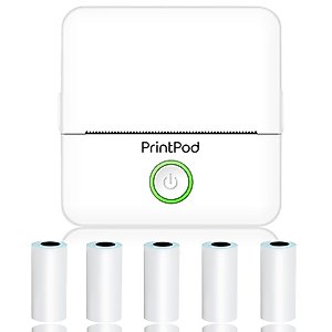 Print Pod Wireless Bluetooth Sticker Thermal Fast Printer, Inkless Pocket Printer for DIY Scrapbook with 5 Rolls Printing Paper (White)