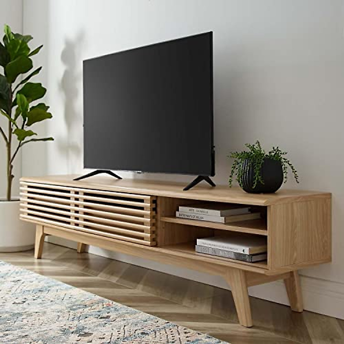 Modway Render Mid-Century Modern Low Profile 70 Inch TV Stand in Oak, 70"