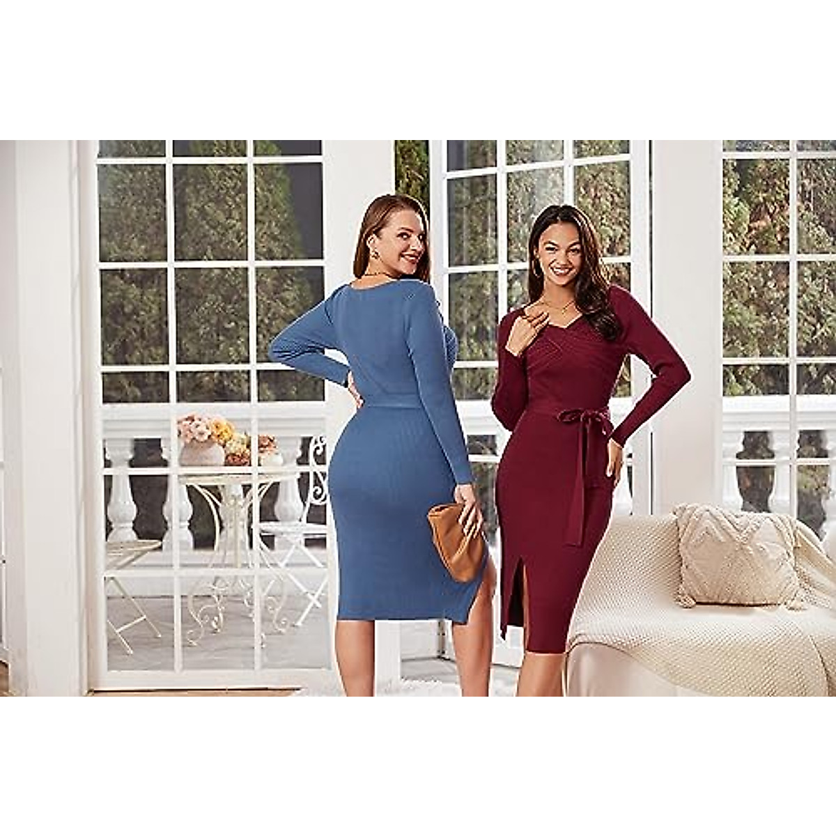 GRACE KARIN Women's V Neck Cable Knit Fall Sweater Dress Long Sleeve Tie Waist Bodycon Slit Pullover Midi Dress with Belt Wine L