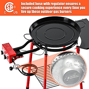 QuliMetal Paella Pan Burner & Stand Set, 22 Inch Enameled Paella Pan, Built-In Ignitor, Regulator Hose, Carry Bag, Durable Legs & Side Shelf, Ideal for Camping, Backyard & Patio Cooking, 16 Servings