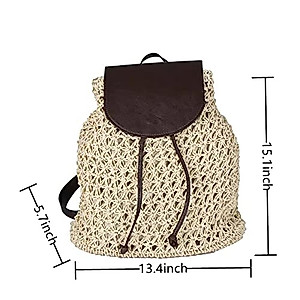 WIGUYUN Straw Crochet Backpack Purse Casual Beach Holiday Shoulders Bag Woven Flap Drawstring Daypack Beige