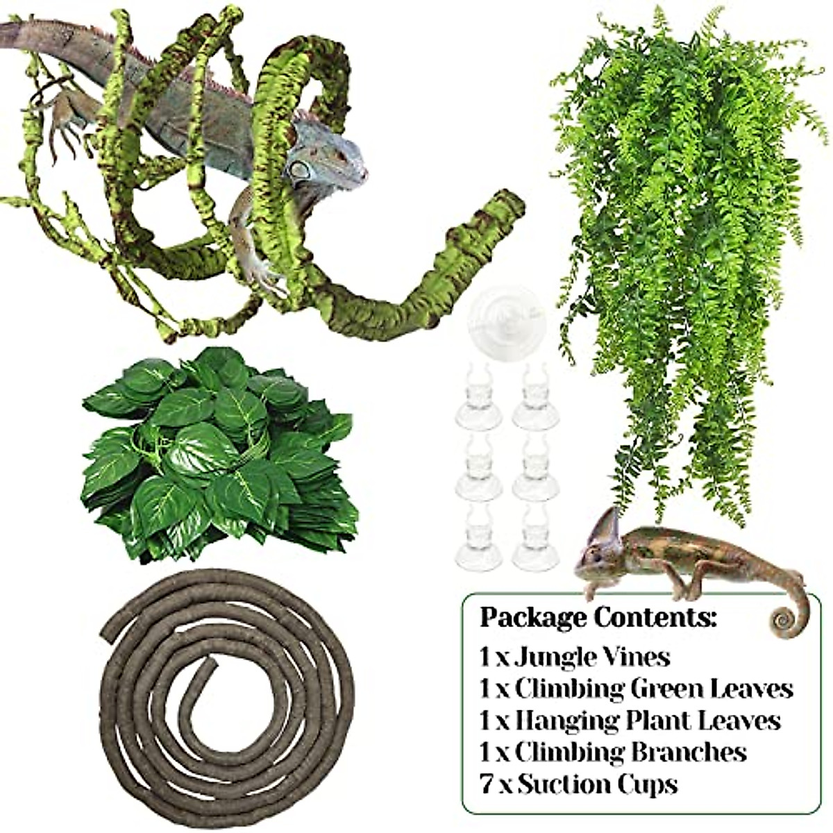 Fhiny 4 PCS Reptile Vines Plants Bendable Flexible Jungle Climbing Vines Plastic Leaves with Suction Cups Tank Accessories Habitat Decor for Bearded Dragons Lizards Snakes Geckos Frogs