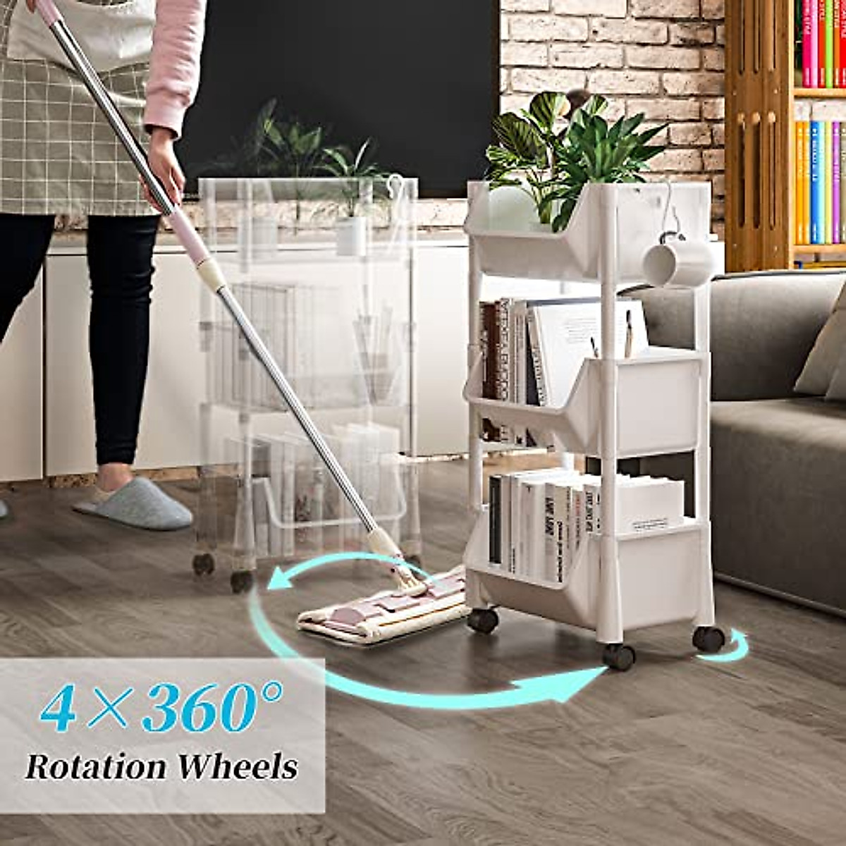 MAGINELS 3-Tier Plastic Rolling Utility Cart, Storage Rolling Cart with Lockable Wheels, Book Cart with 2 Hooks for Kitchen Bathroom Office Balcony Living Room, White