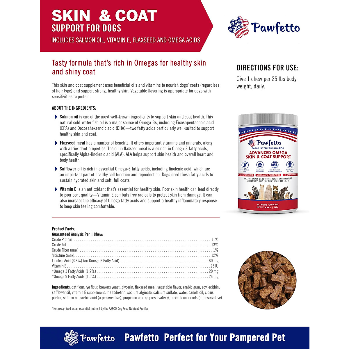 Pawfetto Advanced Omega Skin & Coat Support for Dogs. with Omega Fatty Acids, Salmon Oil, Flaxseed, and Vitamin E. Easily Digestible, Great Vegetable Flavor. Perfect for Your Pampered Pet (70 Chews)