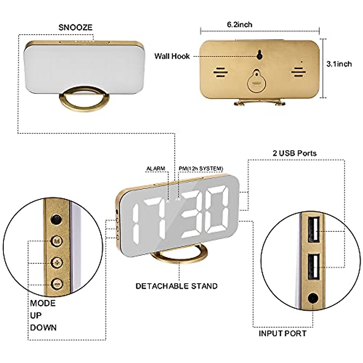 SZELAM Digital Alarm Clock,LED and Mirror Desk Clock Large Display,with Dual USB Charger Ports,3 Levels Brightness,12/24H,Modern Electronic Clock for Bedroom Home Living Room Office - Gold