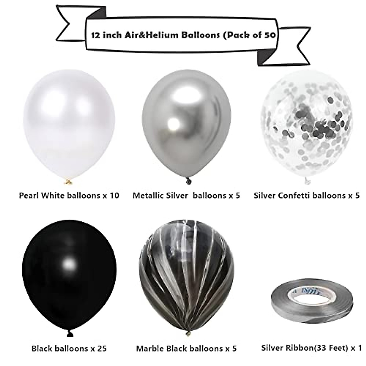 Black White Silver Party Balloons, 50pcs 12 Inch Thicker Marble Black and Pearl White Metallic Confetti Latex Balloons with Ribbon for Birthday Anniversary Decorations