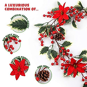 Mocoosy 6.3FT Red Berry Christmas Garland with Pine Cones and Poinsettia, Artificial Berries Garland Poinsettia Christmas Decorations for Indoor Outdoor Fireplace Winter Holiday Xmas Home Decor