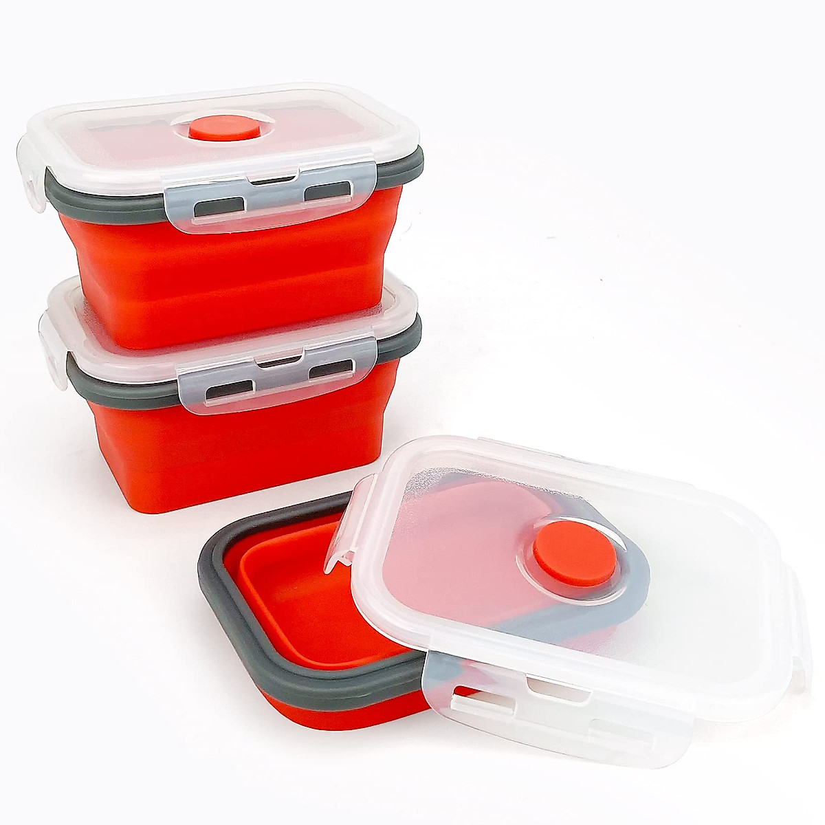 CCyanzi 3piece Collapsible Food Storage Containers with Lids, Silicone Lunch Container, Microwave & Freezer Safe, Space Saving for Kitchen Cabinet and Camping Backpack,(red gray)
