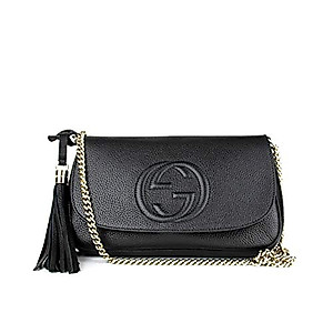 Gucci Soho Leather Flap Shoulder Bag Black Gold Tassel New Authentic