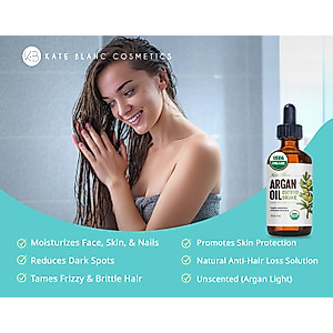 Kate Blanc Cosmetics Argan Oil for Hair, Face & Skin from Morocco. Promotes Hair Growth (4oz, USDA Certified Organic, Cold Pressed & 100% Pure, Light)
