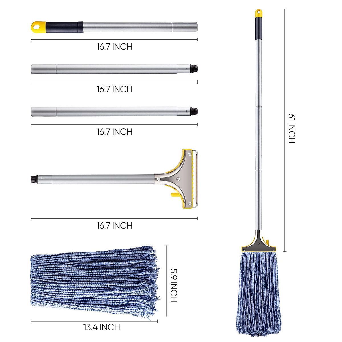 Yocada Looped-Open String Wet Mop Heavy Duty Cotton Mop Commercial Industrial Grade Iron Pole Floor Cleaning Hardwood Ceramic Marble Tile Laminate Home Kitchen 61in Long