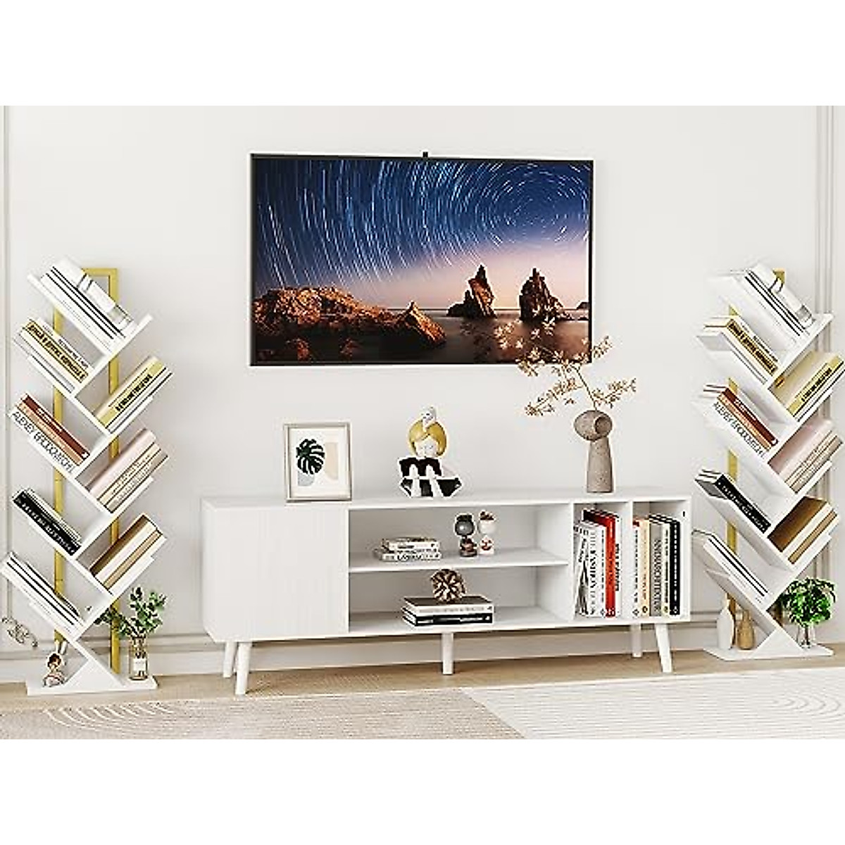 Yusong Tree Bookshelf, Geometric Bookcase with Steel Pipe for Living Room Bedroom, Floor Standing Books Shelves for Home Office (White, 9 Tier)