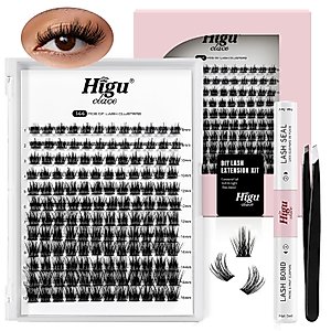 Higu clace DIY Eyelash Extension Kit, 144pcs D Curl Lash Clusters, 8-16mm Softy Cluster Lashes, with Lash Bond and Seal, Lash Tweezers, Reusable Fluffy Cluster Eyelash Extension Kit(R-08 Kit)
