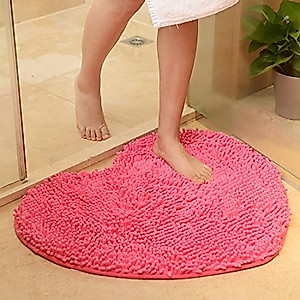 JAIJY Pink Heart Shaped Chenille Bath Mat Soft Absorbent Plush Microfiber Bathroom Rug Non-Slip Machine Washable Shaggy Mats Carpet for Shower, Bedroom, Bathtub, 16"x20"