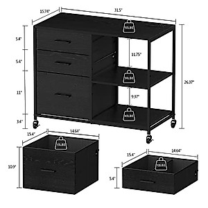 VEDECASA Black Lateral File Cabinet with 3 Fabric Drawer fits A4 Letter Size Open Storage Shelf Socket and Power Outlets USB Charging Port Mobile Printer Stand for Home Office