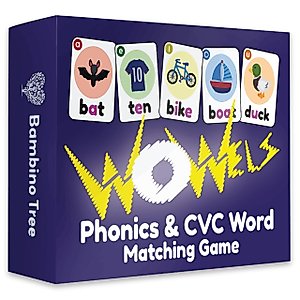THE BAMBINO TREE WOWELs Phonics and Vowel Sounds Card Game - Learn to Read Kindergarten 1st 2nd Grade Learning - Short Vowel CVC Words and Long Vowel Matching Game 2-8 Players
