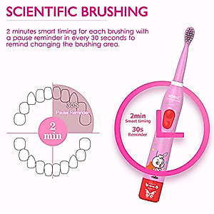 CHAIN PEAK Kids Sonic Electric Toothbrush, Rechargeable Smart Toothbrush for Children Toothbrush for Toddlers Age 3-12 with 30s Reminder, 2 Mins Timer, 6 Modes, 6 Brush Heads, Wall-Mounted Holder