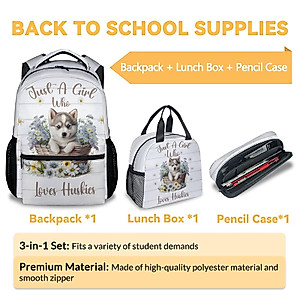 Husky Backpack with Lunch Box, Set of 3 School Backpacks Matching Combo, Cute White Dog Bookbag and Pencil Case Bundle